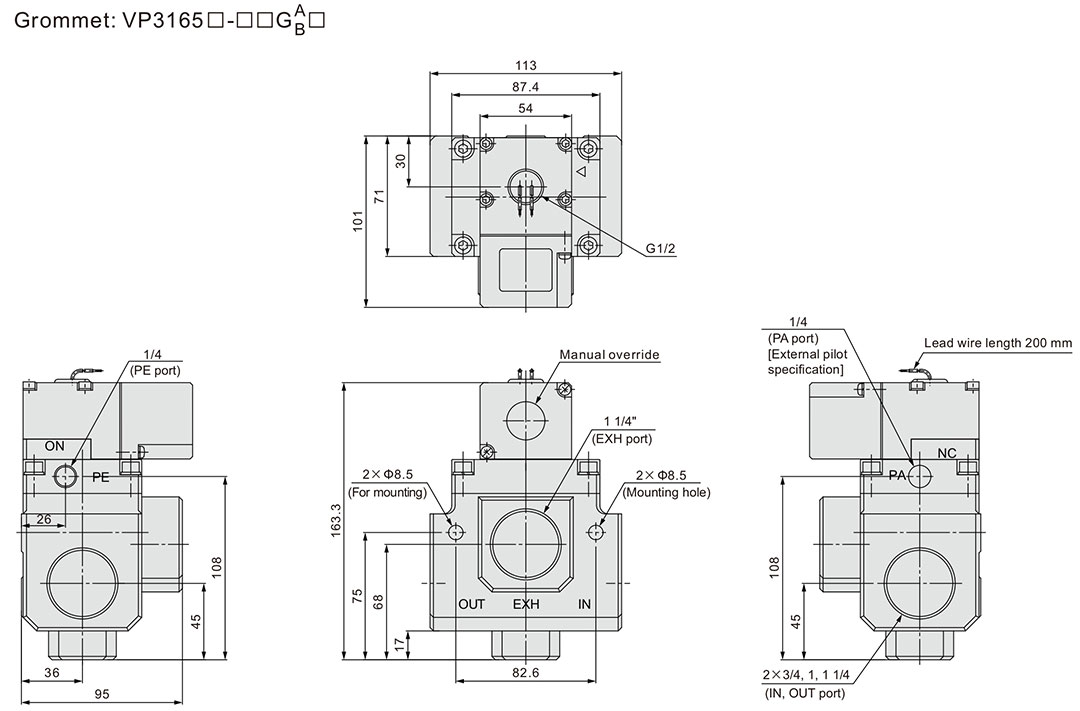 VP3145/3165/3185 Series Large Size 3 Port Solenoid Valve (Rubber Seal ...